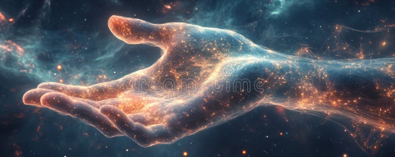 Cosmic Hand Reaching through the Universe, Glowing Particles ...