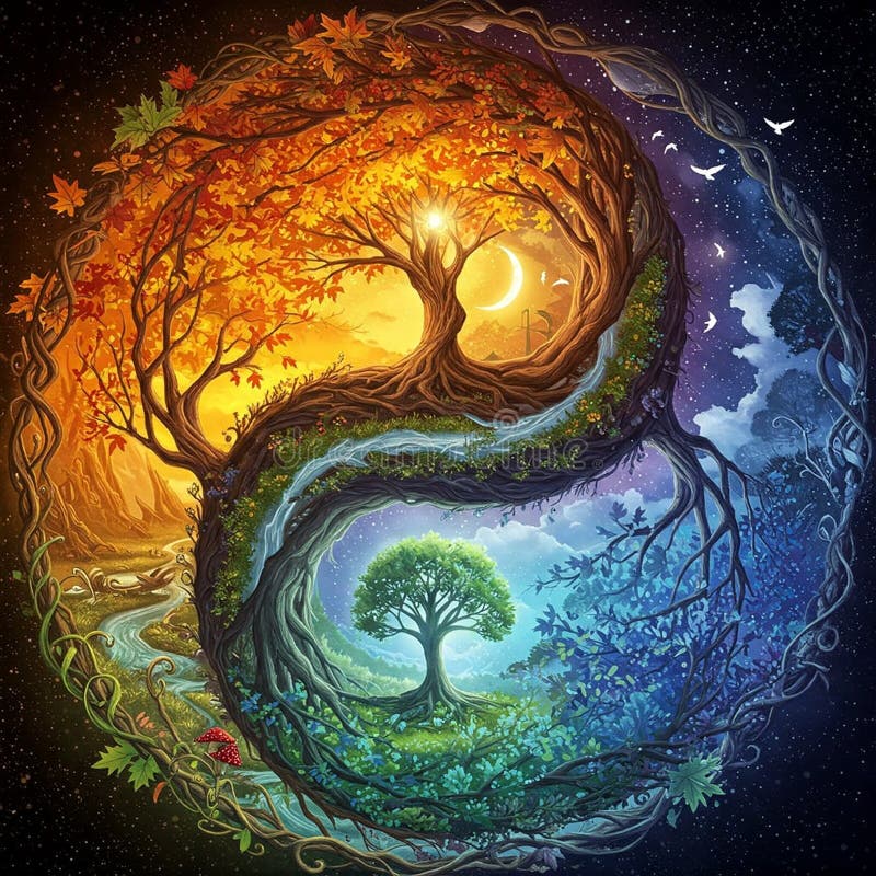 Cosmic Harmony: the Interconnected Yin Yang Tree Design Stock ...