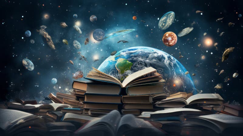 Cosmic Knowledge: Books in Front of Earth and Celestial Wonders Stock ...