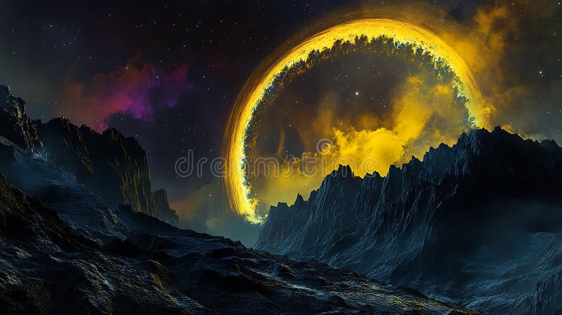 A Cosmic Landscape Featuring Rugged Mountains Under a Vibrant Yellow ...