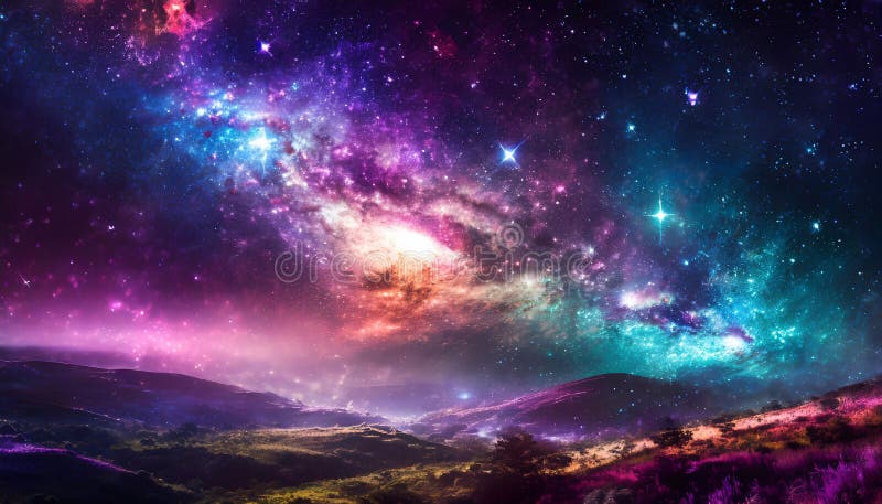 Cosmic Landscape with Galaxies and Magical Cosmic Light. Stock Image ...