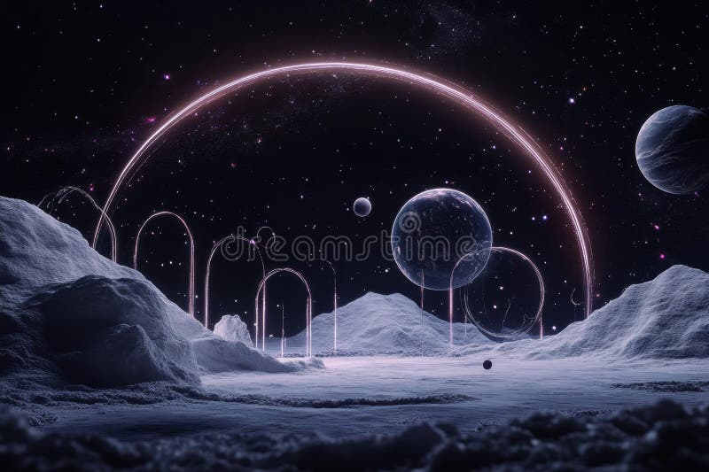 Cosmic Landscape Glowing Rings Distant Planets Starry Night Sky Stock ...