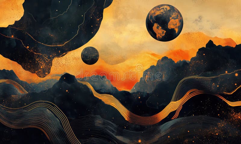 Cosmic Landscape with Planets and Abstract Mountains, Featuring Dark ...