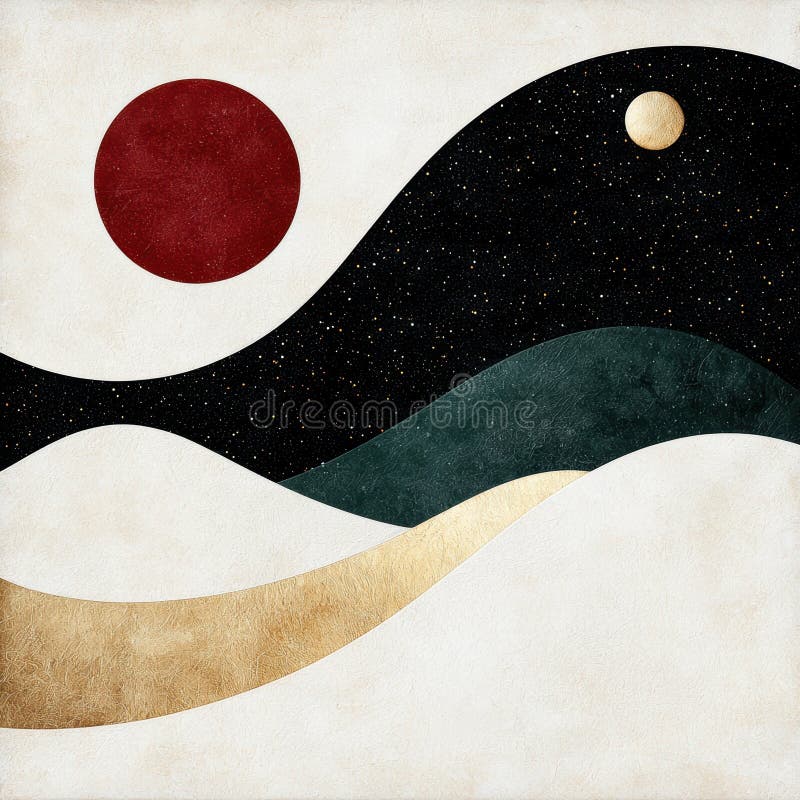 Cosmic Landscape with Red Sun and Moon Stock Illustration ...