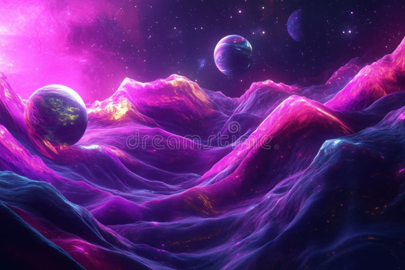 Cosmic Landscape with Vibrant Mountains, Planets, and Starry Sky Stock ...