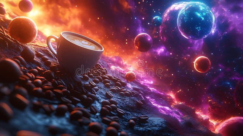 Cosmic Latte Coffee Cup on Beans, Planets & Nebula Backdrop Stock ...