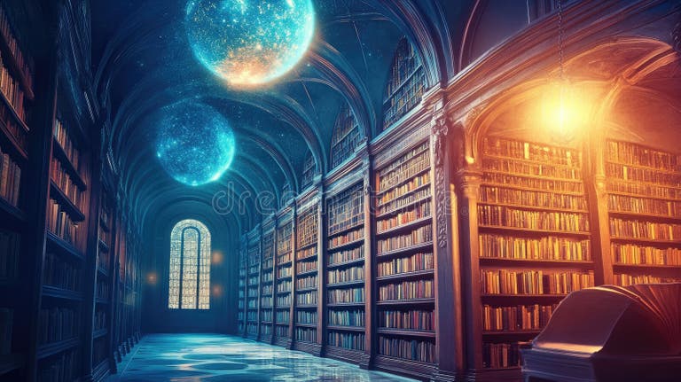 Cosmic Library of Knowledge. a Surreal Library with Glowing Orbs Stock ...