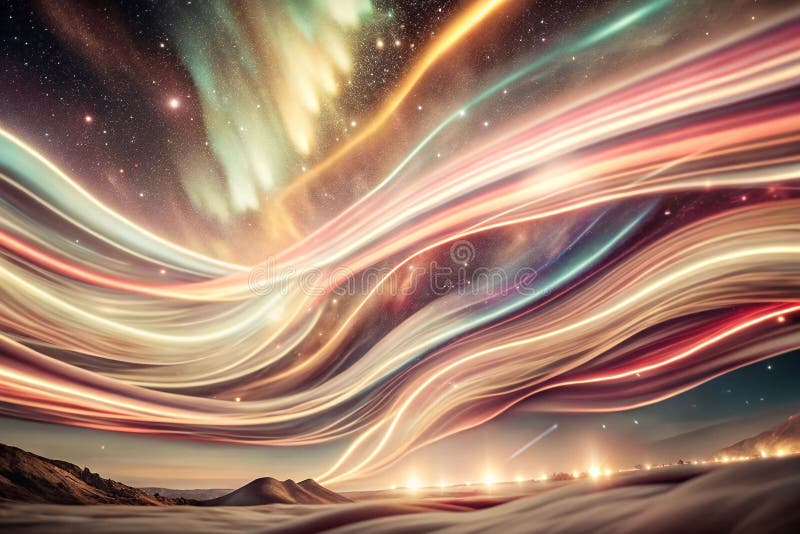 Cosmic Light Trails Over Mountain Landscape at Night Stock Illustration ...
