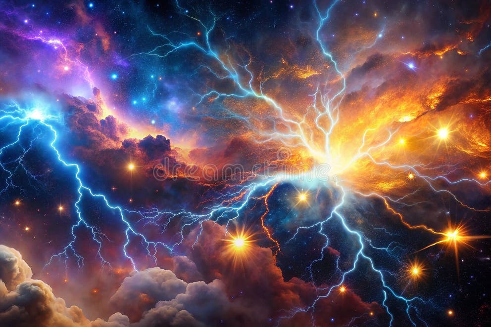Cosmic Lightning Storm in Nebula Clouds Stock Illustration ...
