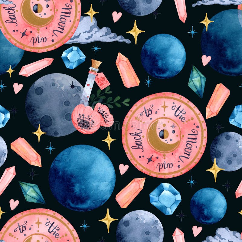 Cosmic Magic Love Seamless Pattern on Black Background Stock Vector ...