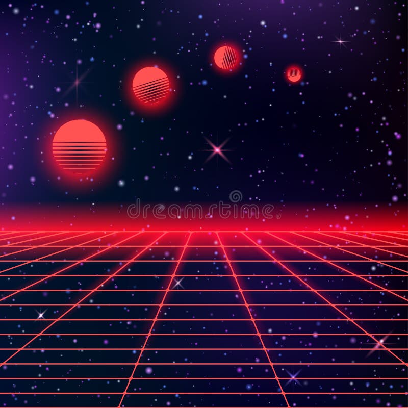 Abstract 80s Background with Neon Grids and Starry Sky and Moon Stock ...
