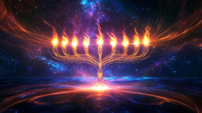 A Cosmic Menorah Glowing with Light and Fire Stock Illustration ...