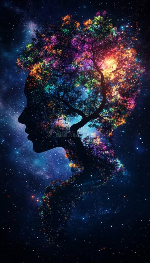 Cosmic Mind Human Head Silhouette with Colorful, Tree-Like Designs on ...