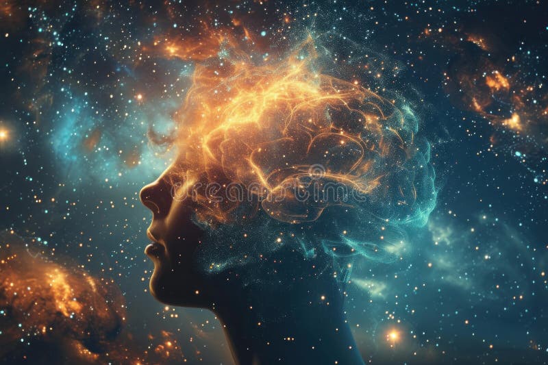 Cosmic Mind: Human Profile with Galactic Brain Stock Image - Image of ...