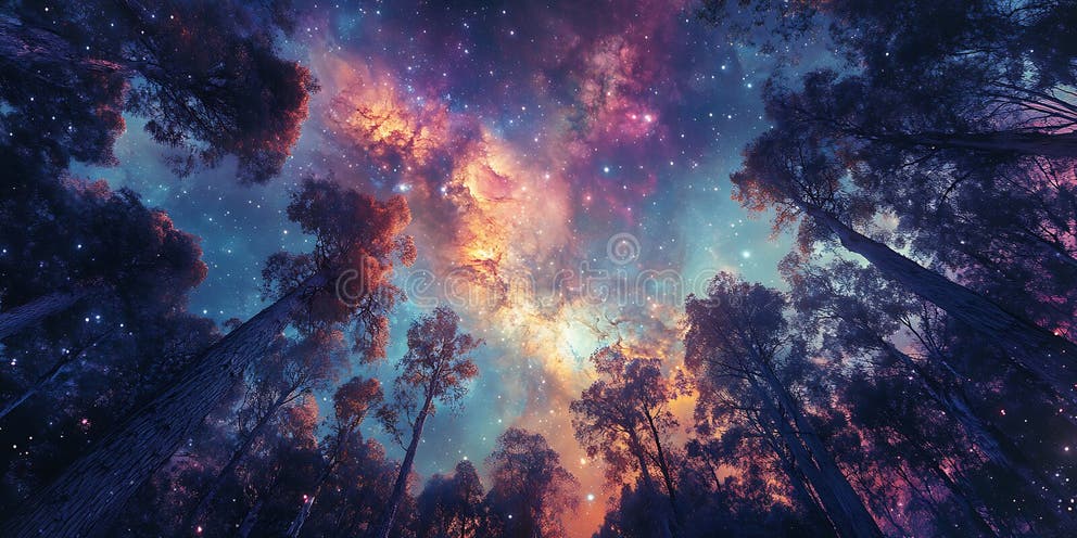 Cosmic Nebula Background Stunning Night Sky with Trees Stock ...