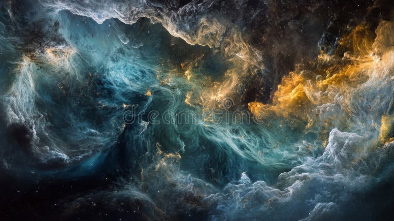 Cosmic Nebula: Teal Gold Hues in Deep Space Stock Illustration ...