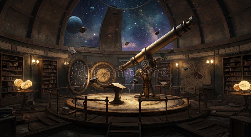 Cosmic Observatory: Brass Telescope on Rotating Platform in a Domed ...