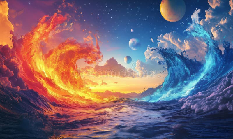 Cosmic Ocean Waves of Fire and Water with Planets in Vibrant Sunset Sky ...