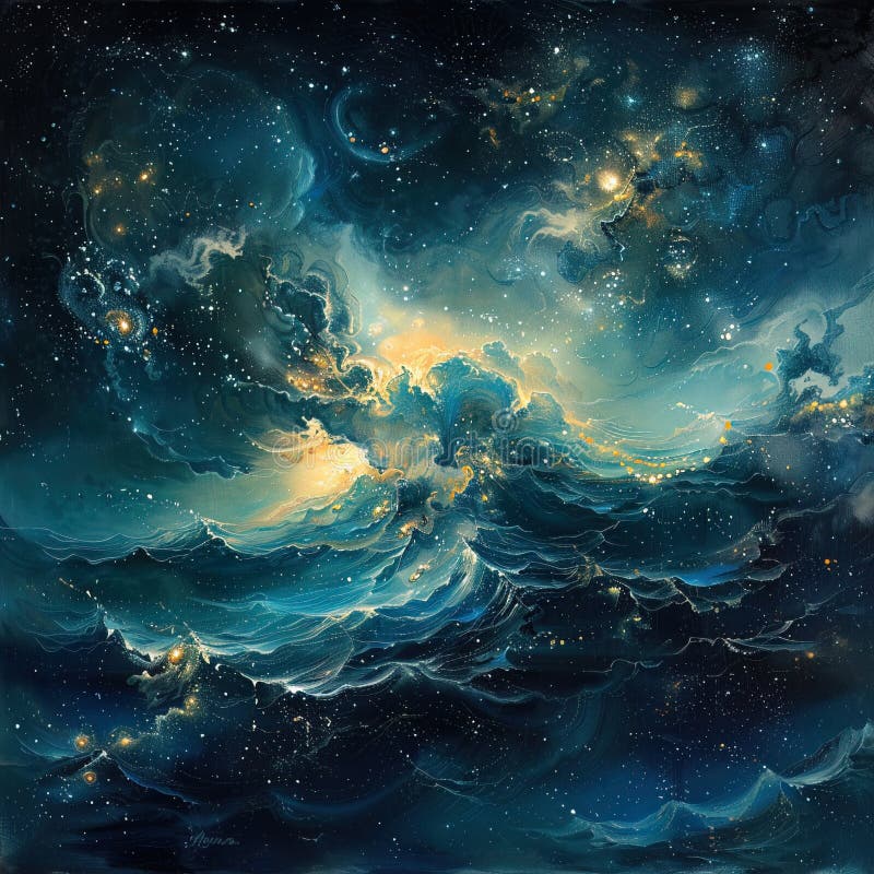 A Cosmic Ocean with Waves of Starlight Where Celestial Creatures Swim ...