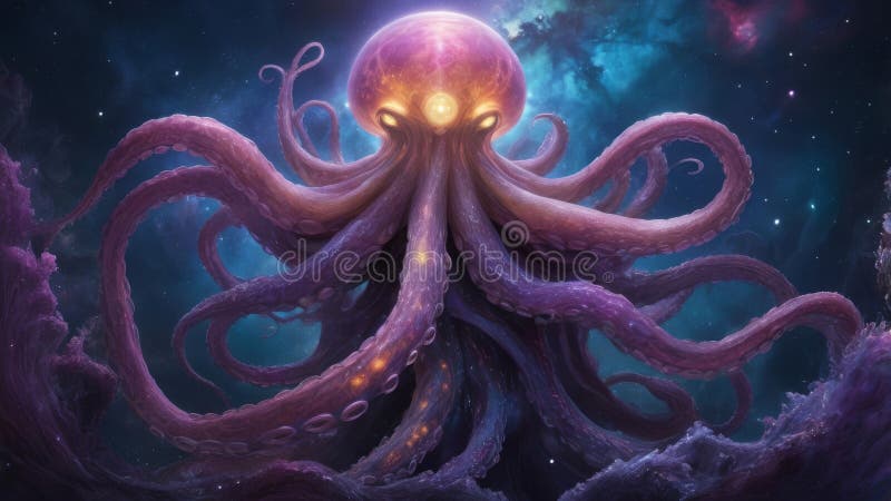 A Cosmic Octopus with Glowing Eyes Stock Illustration - Illustration of ...