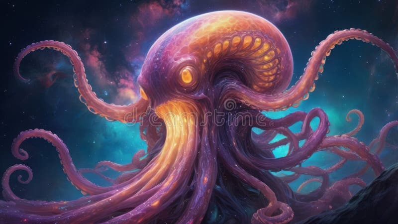 Cosmic Octopus with Glowing Tentacles Stock Illustration - Illustration ...