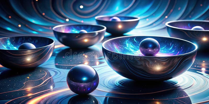 Cosmic Orbs Resting in Luminous Celestial Bowls on a Reflective Surface ...