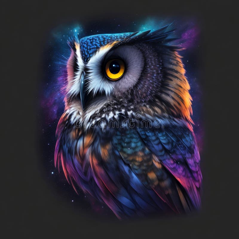 Cosmic Owl Illustration Tshirt Design and Black Background Stock ...