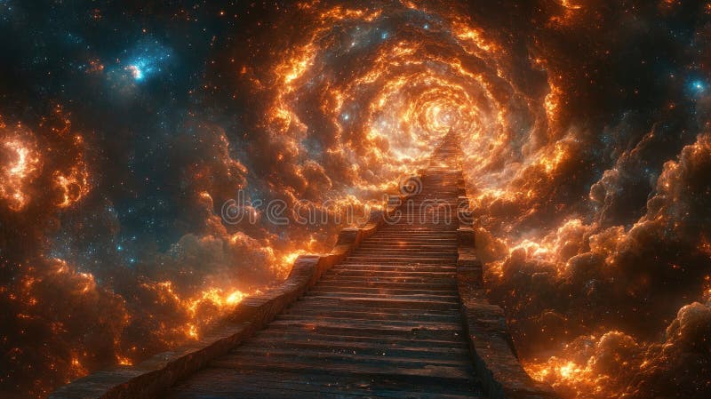 Cosmic Pathway through Fiery Clouds Stock Illustration - Illustration ...