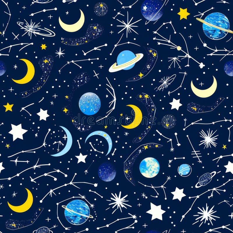 Cosmic Pattern with Planets, Stars, and Comets on Dark Background Stock ...
