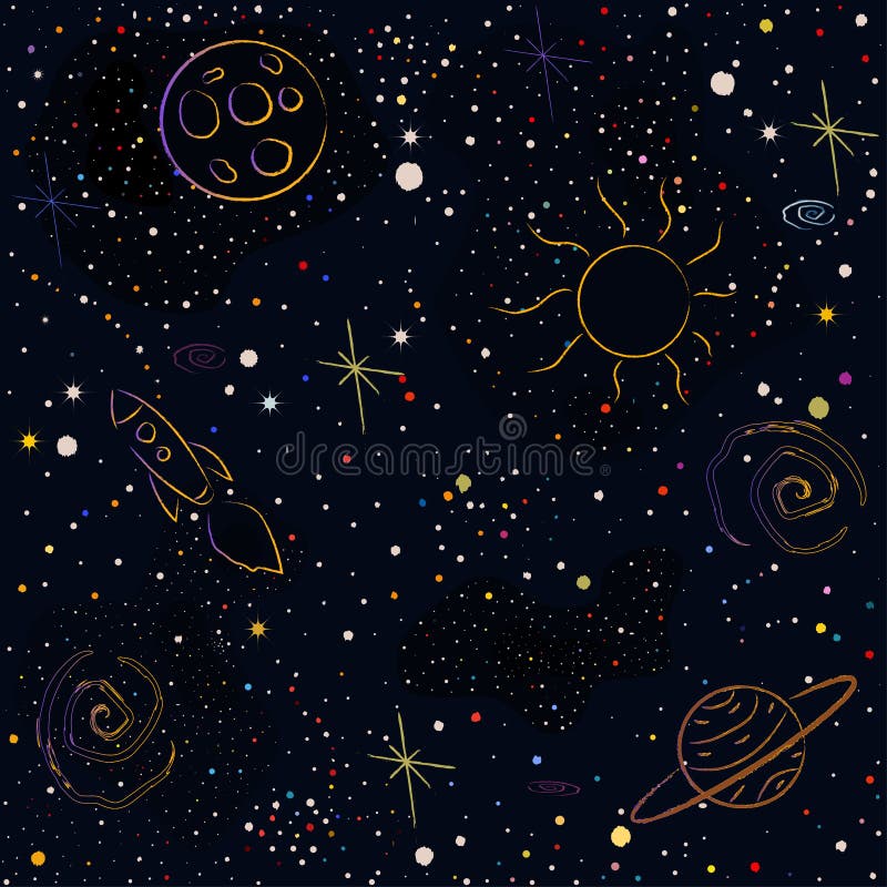 Cosmic Pattern with Stars, Planets, Moon, Rocket, Spiral Galaxies and ...