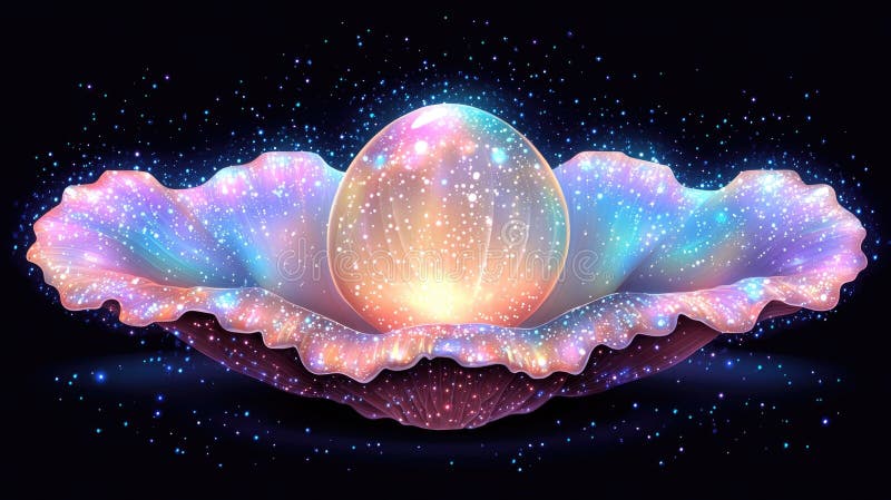 Cosmic Pearl in Vibrant Iridescent Shell with Celestial Glow and Stars ...