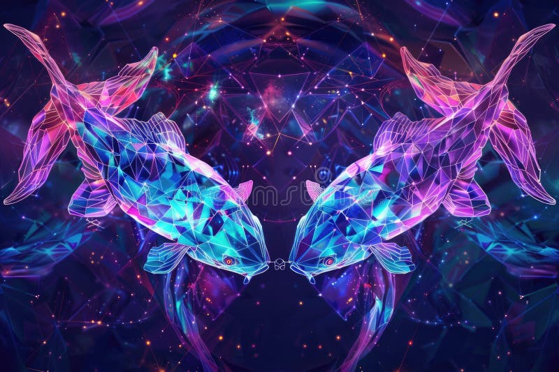 Cosmic Pisces Zodiac Sign with Vibrant Geometric Fish Patterns in a ...