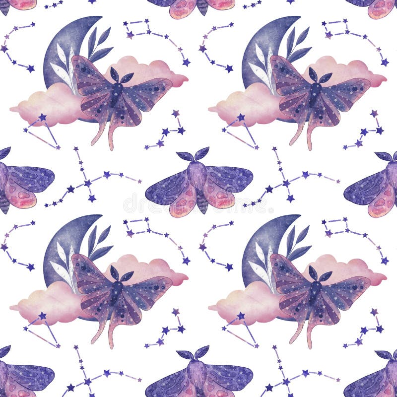 Cosmic Purple Seamless Pattern with Butterflies, Moon, Clouds, Stars on ...