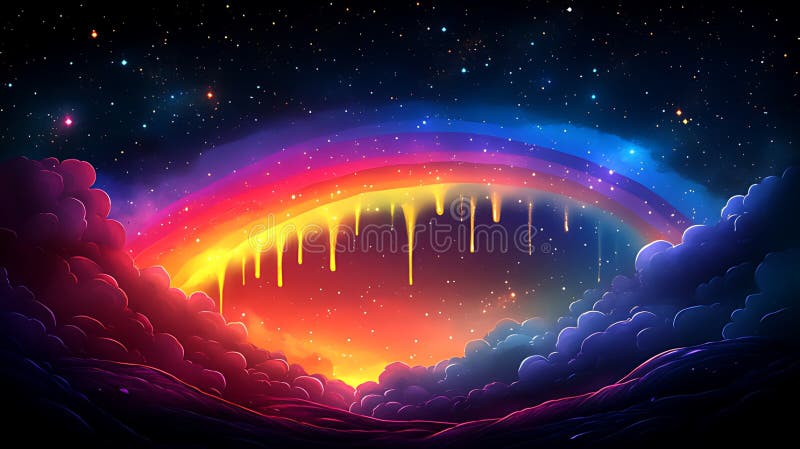 Cosmic Rainbow Dripping Gold Over Cloudscape Stock Illustration ...