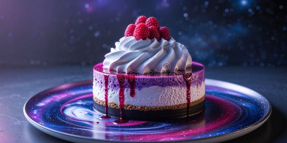Cosmic Raspberry Swirl Cheesecake on Galaxy Plate. Stock Image - Image ...