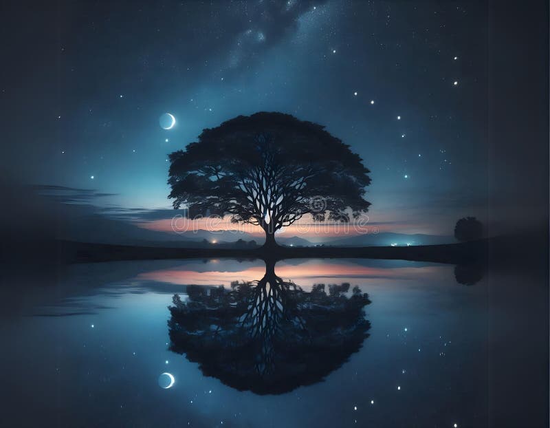 Cosmic Reflection: Tree in the Middle of the Lake on a Starry Night ...