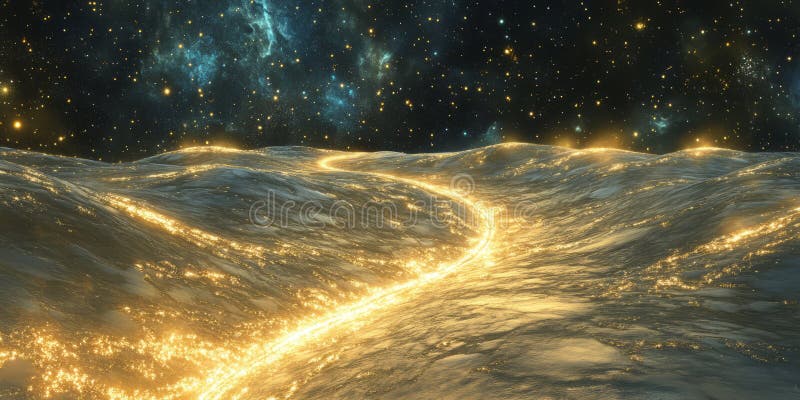 Cosmic River Golden Dust Flowing Deep Space Forming Surreal Glowing ...