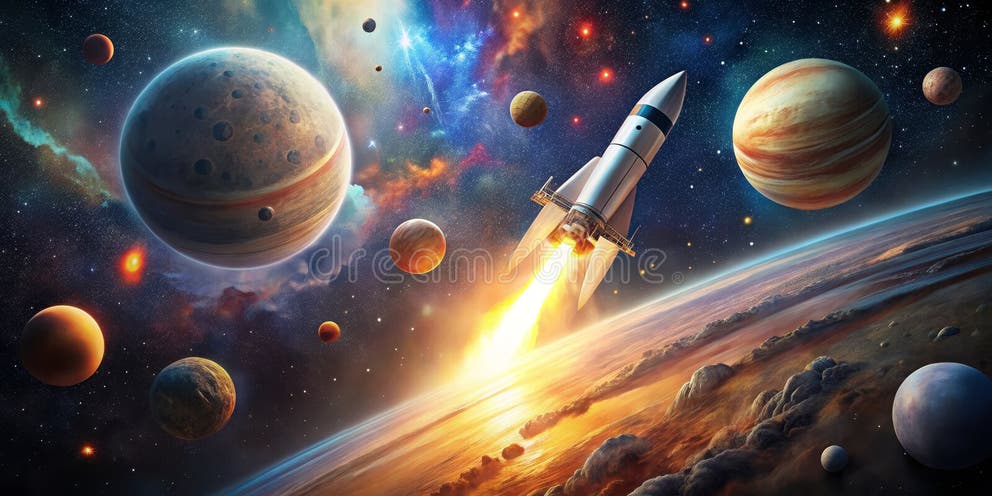 Cosmic Rocket Launch Planetary Nebula and Spacecraft Ascent Stock ...