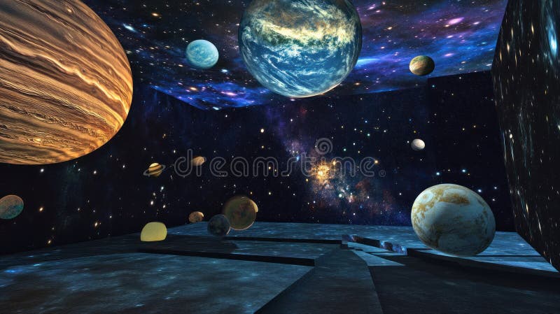 Cosmic Room: a Celestial 3D Visualization of Planets and Nebulae Stock ...