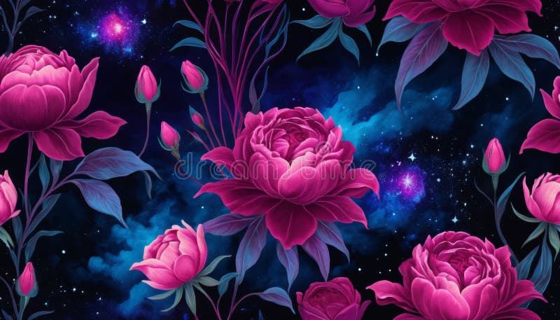 Cosmic Roses: a Vibrant Floral Galaxy Seamless Pattern Stock ...
