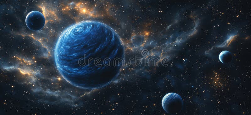 Cosmic Scene with Blue Gas Giant and Three Smaller Planets in Starry ...