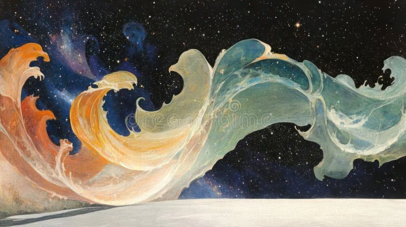 A Cosmic Scene Depicting Ethereal Waves in a Starry Sky, Blending ...