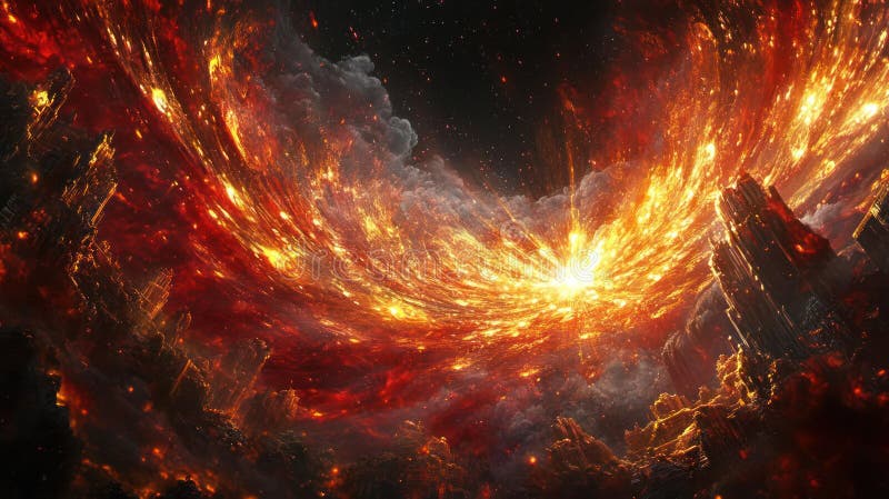 A Cosmic Scene Depicting Fiery Clouds and Celestial Formations in a ...