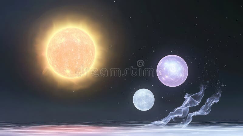 A Cosmic Scene Featuring a Bright Sun and Two Celestial Bodies with ...