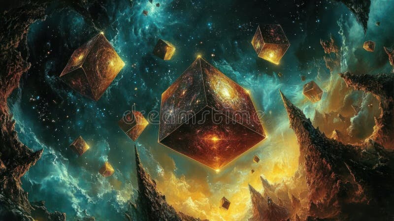 A Cosmic Scene Featuring Floating Cubes Amidst a Vibrant, Starry ...