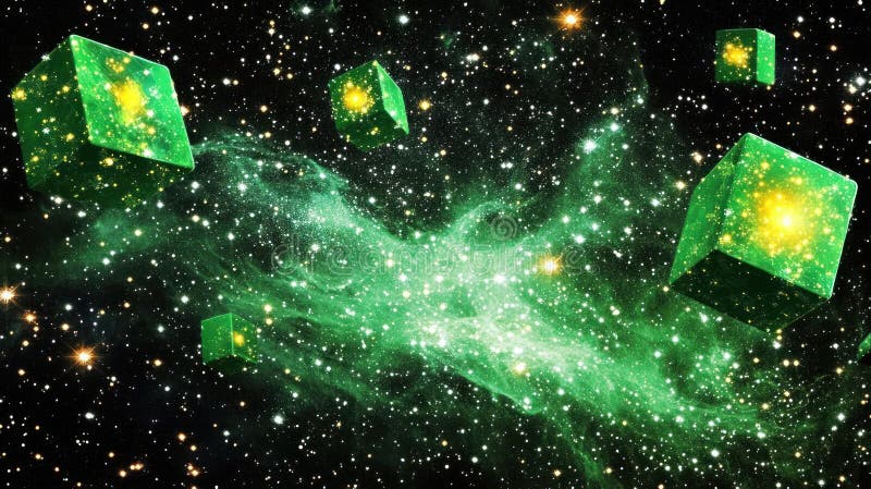 A Cosmic Scene Featuring Floating Green Cubes Amidst a Starry Galaxy ...