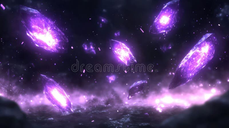A Cosmic Scene Featuring Floating Purple Crystals Amidst a Dark, Misty ...