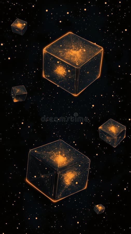 A Cosmic Scene Featuring Glowing, Transparent Cubes Floating in a ...