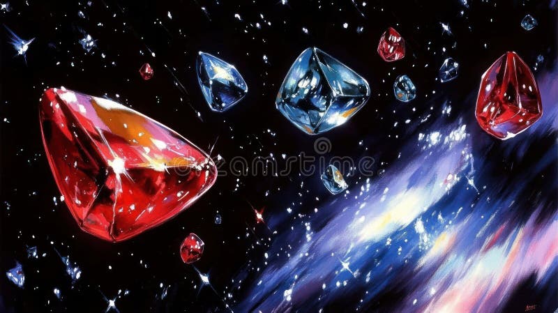 A Cosmic Scene Featuring Sparkling Red and Blue Diamonds Floating in a ...