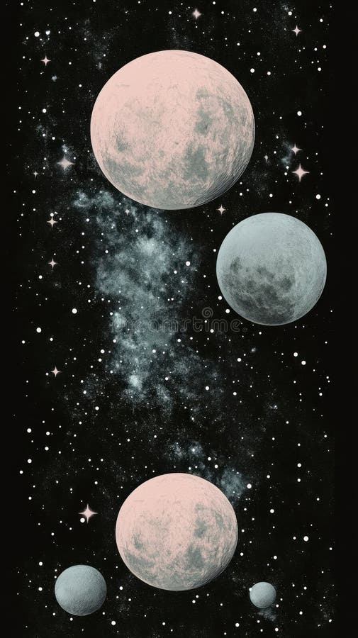 A Cosmic Scene Featuring Three Moons Against a Starry Backdrop with a Galaxy Stock Illustration ...
